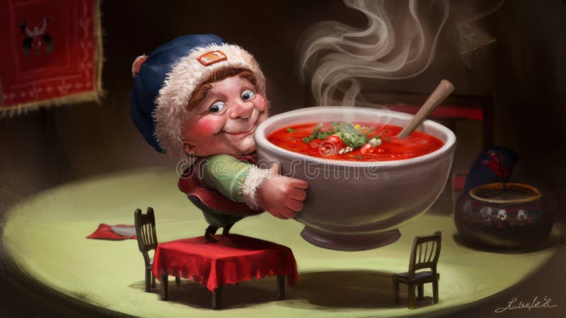 A Cartoon Character with a Big Bowl of Soup on His Head, AI Stock Photo ...