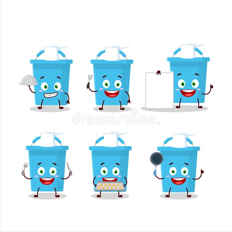 Cartoon Character of Blue Bucket with Various Chef Emoticons Stock ...