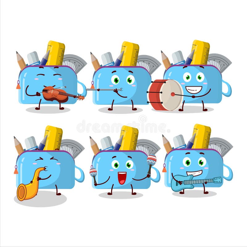 Cartoon Character of Blue Pencil Case Playing Some Musical Instruments ...