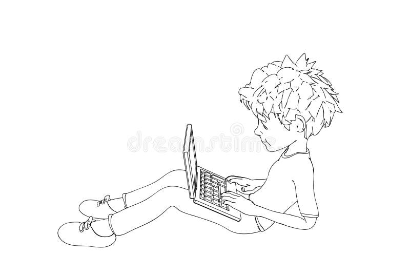 Cartoon Character Boy Sitting on Floor Using Laptop. Vector Outline ...