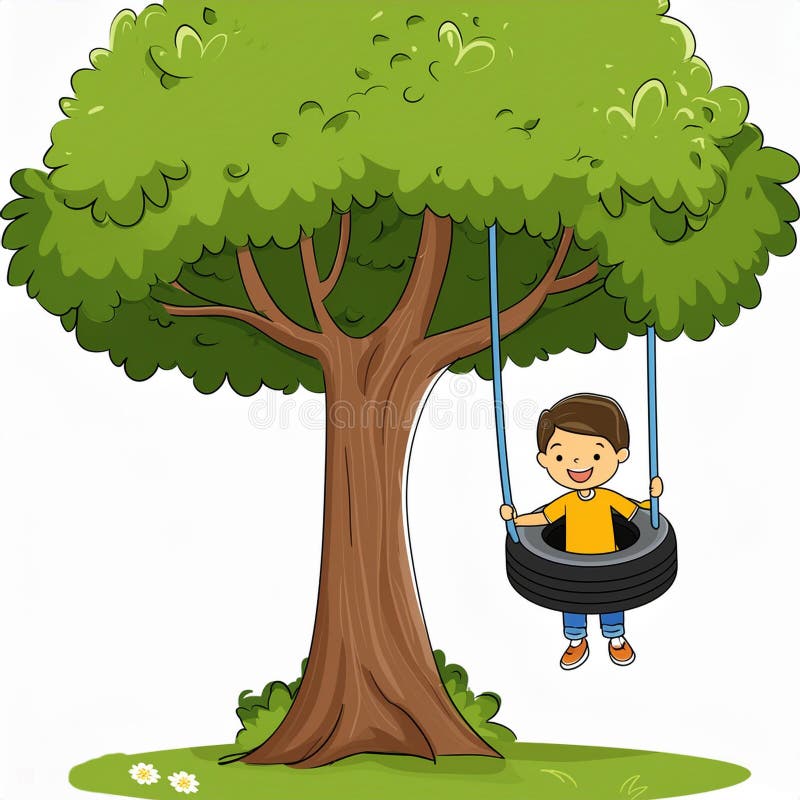 Cartoon Character of a Boy Using a Tire Swing Under a Tree Stock ...