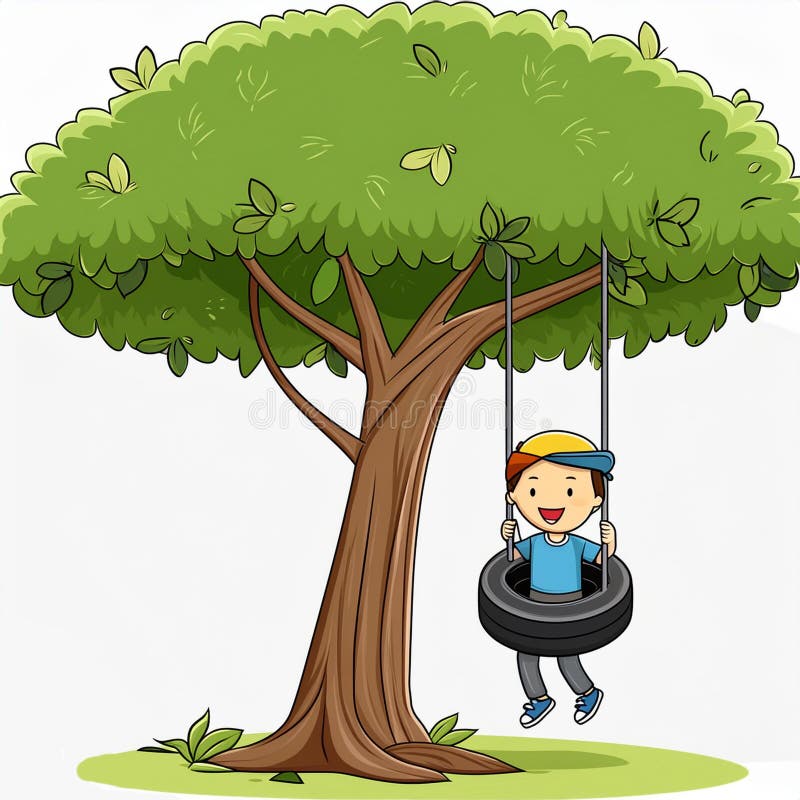 Cartoon Character of a Boy Using a Tire Swing Under a Tree Stock ...