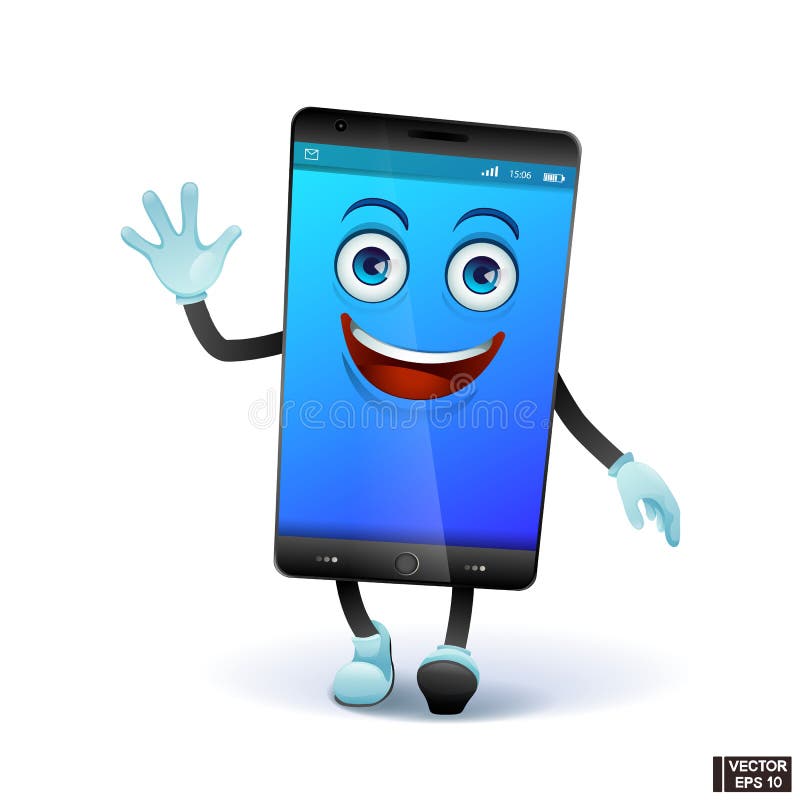 Cartoon Character Cheerful Smartphone Waves His Hand Stock Vector ...