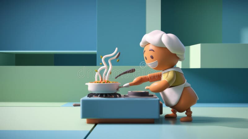 A Cartoon Character Cooking in a Kitchen with an Orange Hat, AI Stock ...
