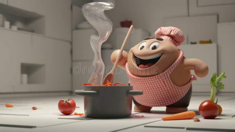 A Cartoon Character Cooking in a Pot with Vegetables Around it, AI ...