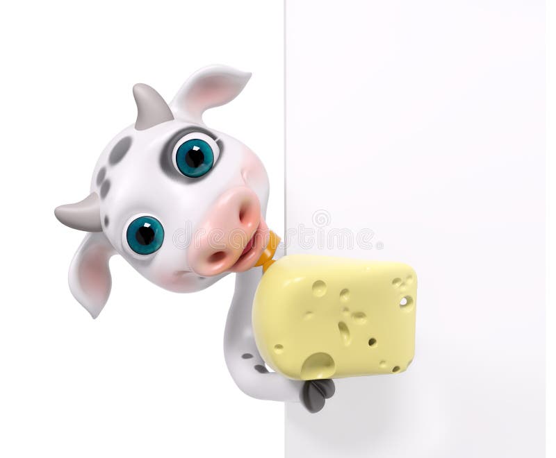 Cartoon Character Cow Holding Cheese , Isolated 3d Rendering Stock ...