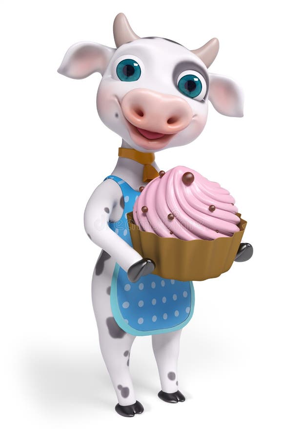 Cartoon Character Cow, Holds Cake in Hands , 3d Rendering Stock ...