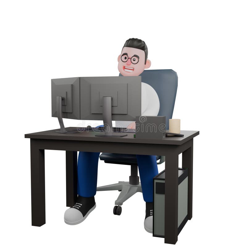 A Male Video Editor Sits with Two Computers on a Table, Warm Smile ...