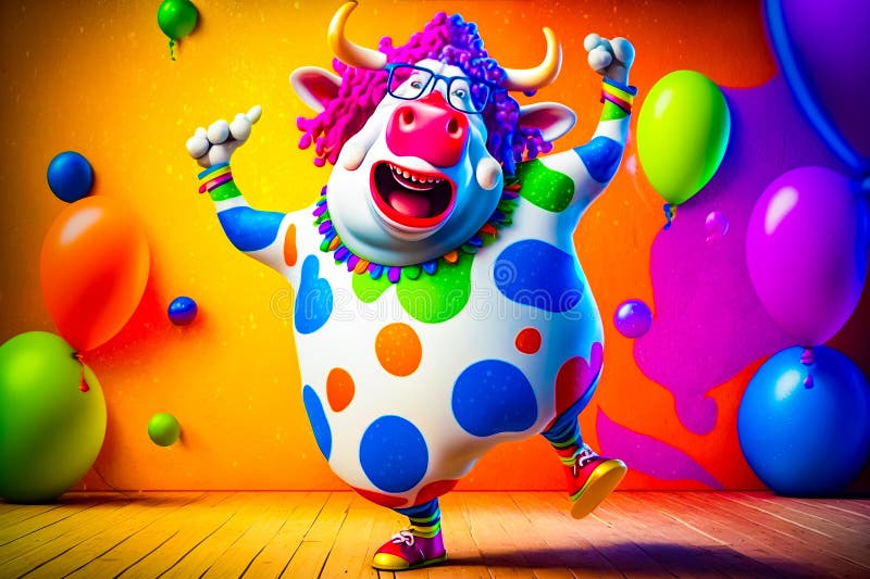 Cartoon Character Is Dancing In Room With Balloons And Clown Mask Generative Ai Stock