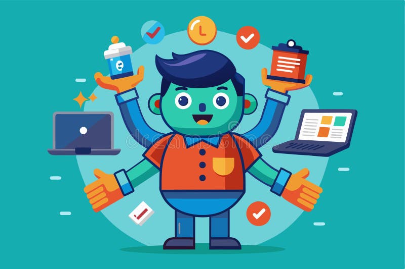 A Cartoon Character Demonstrates Multitasking Skills while Managing ...