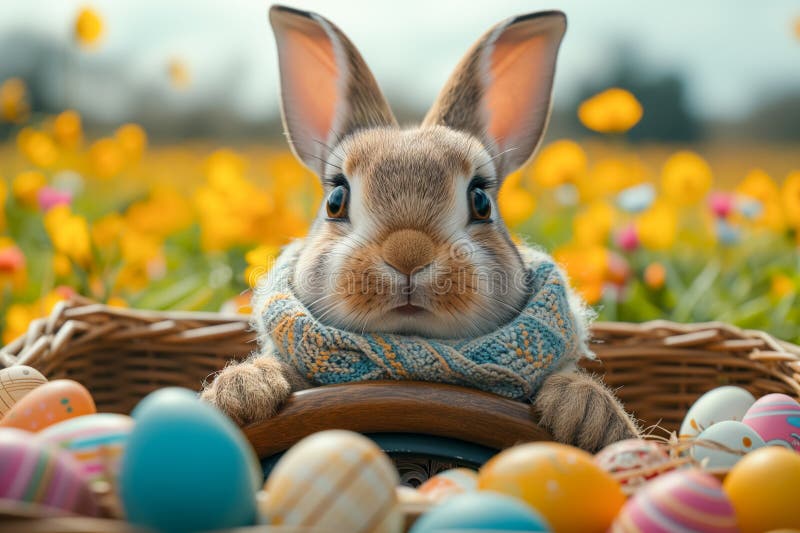 Cartoon Character Easter Bunny Driving Car and Looking for Easter Eggs ...