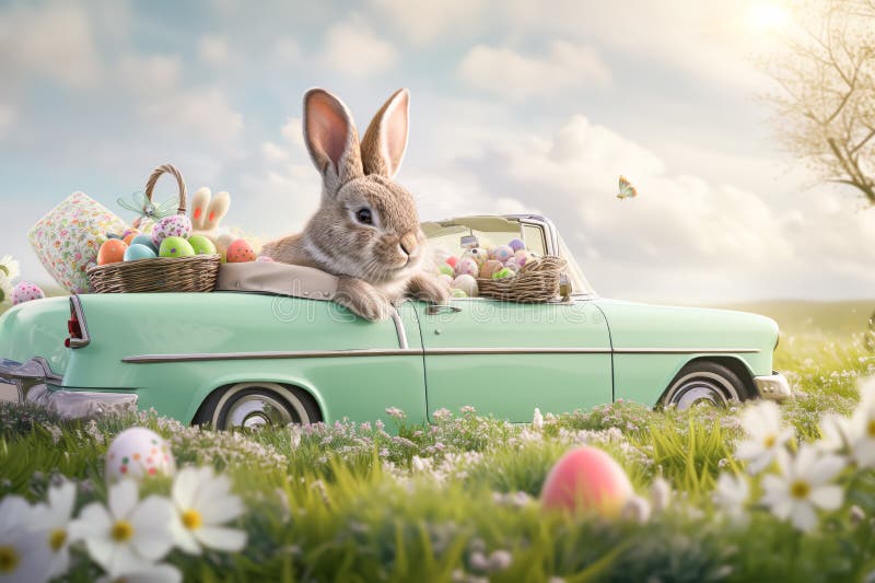 Cartoon Character Easter Bunny Driving Car and Looking for Easter Eggs ...
