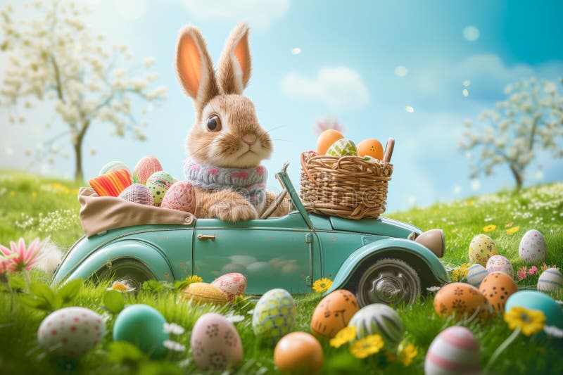 Cartoon Character Easter Bunny Driving Car and Looking for Easter Eggs ...