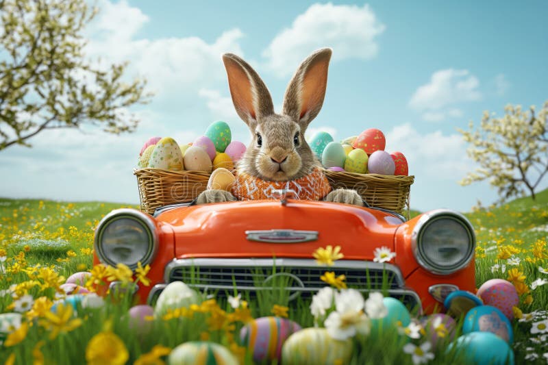 Cartoon Character Easter Bunny Driving Car and Looking for Easter Eggs ...