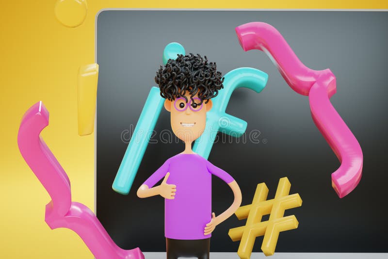 A Cartoon Character with Elements of Programming Code is Standing on a ...