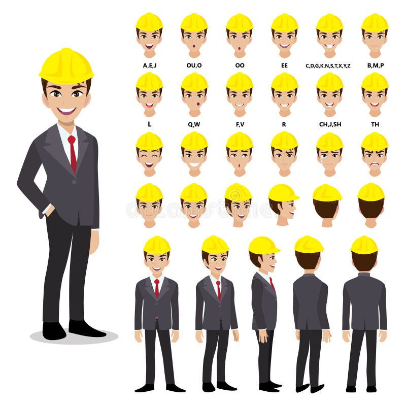 Cartoon Character with Engineer in Suit for Animation. Front, Side ...
