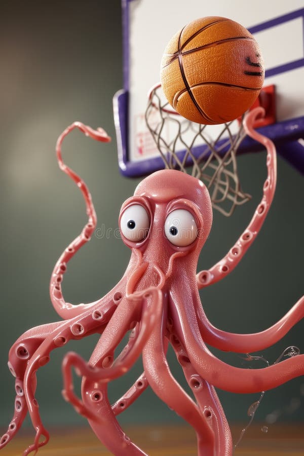 A Cartoon Character in the Form of an Octopus with a Basketball Throws ...