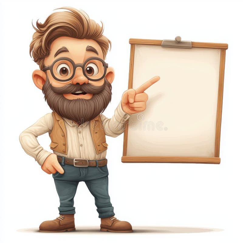 Cartoon Character with Glasses Pointing To Blank Board, Cheerful ...
