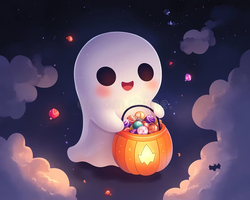 Cartoon Character Halloween Ghost Town Under Starry Night Sky Stock ...