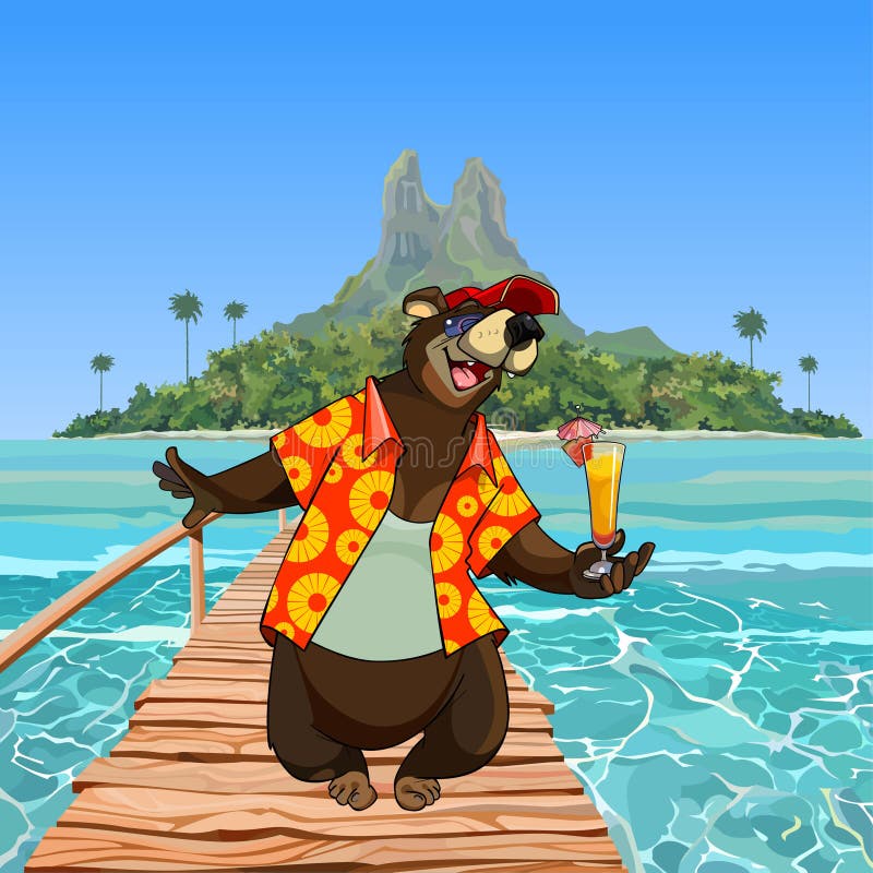 Cartoon Character Happy Bear on the Bridge by the Tropical Island Stock ...