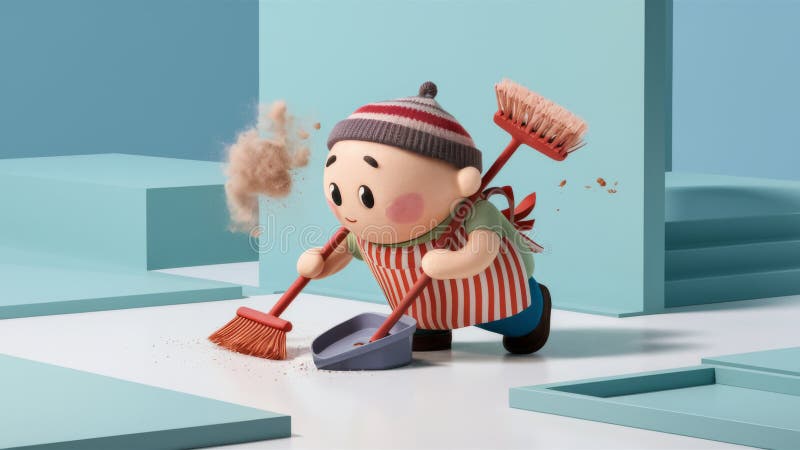 A Cartoon Character with a Hat and Mittens Sweeping Up Dust, AI Stock ...