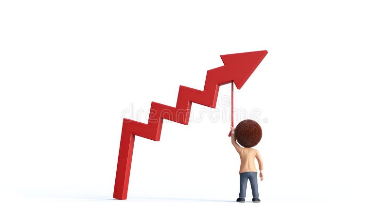 Cartoon Character Holding Large Red Arrow Pointing Down - Concept of ...