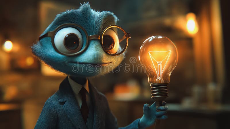 A Cartoon Character is Holding a Light Bulb and Smiling. the Image Has ...