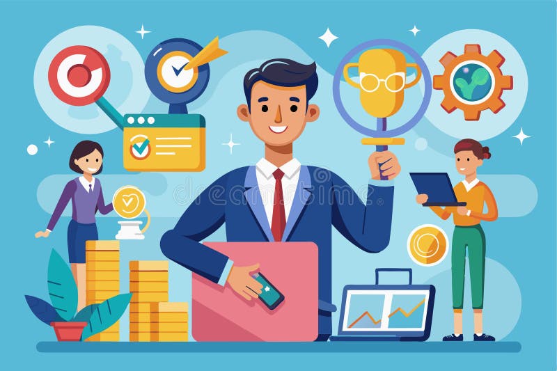 A Cartoon Character Holds a Trophy while Engaging with Technology ...