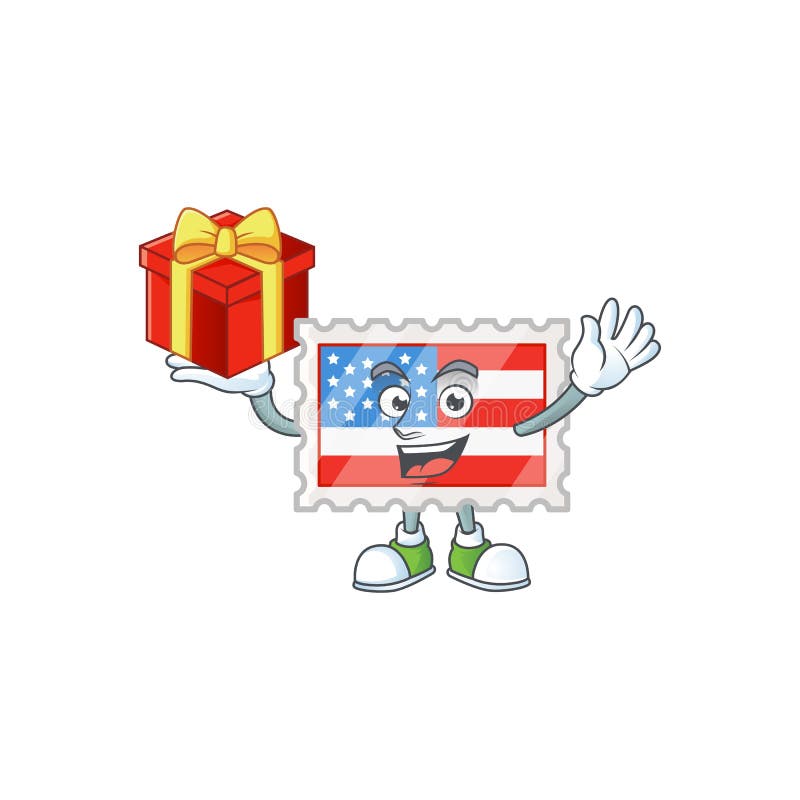Cartoon Character of Independence Day Stamp with a Box of Gift Stock ...
