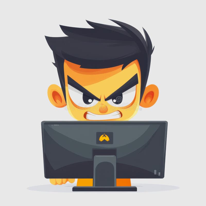 Cartoon Character with Intense Expression at Computer Displaying Focus ...