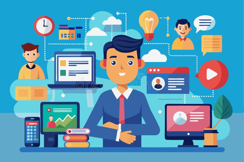 A Cartoon Character Interacts with Various Digital Resources and Tools ...