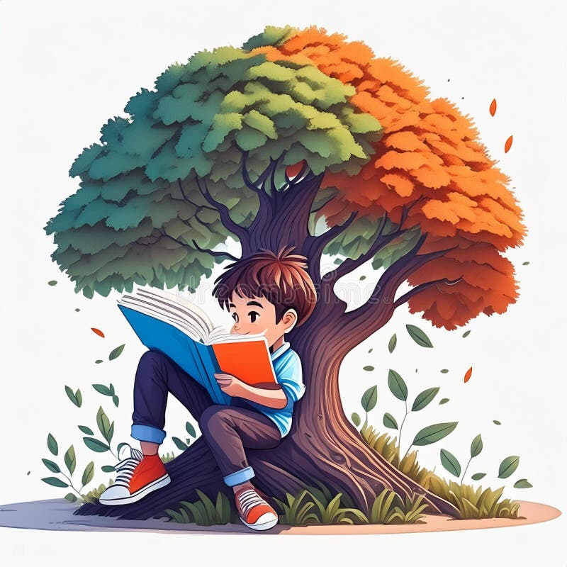 Cartoon Character Kid Reading Under a Tree, Isolated on White ...