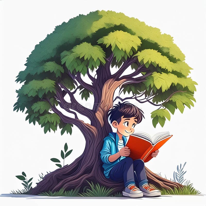 Cartoon Character Kid Reading Under a Tree, Isolated on White ...