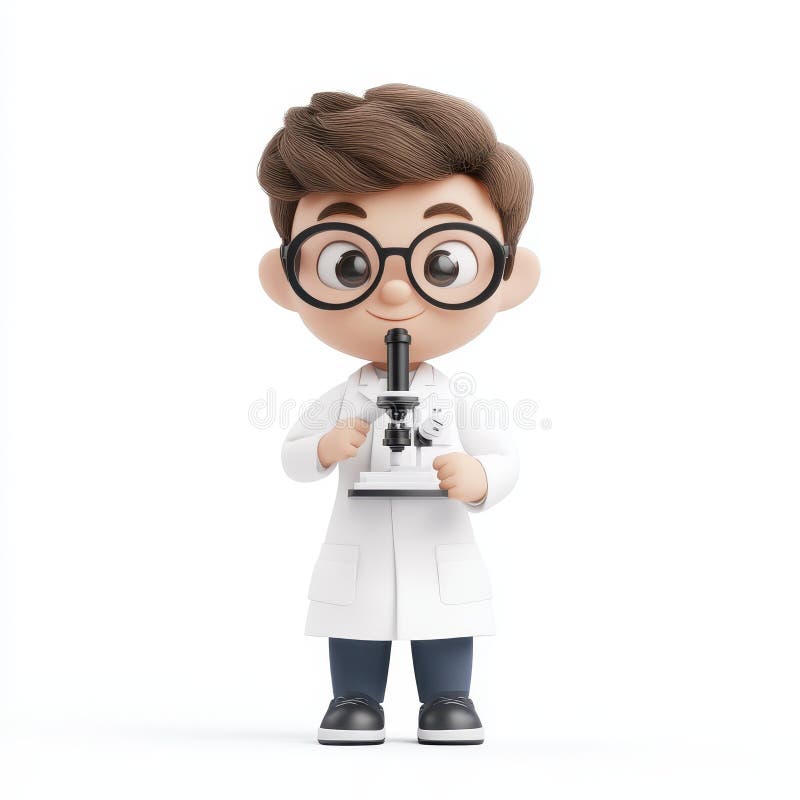 Cartoon Character in a Lab Coat Using a Microscope in a Bright, Modern ...