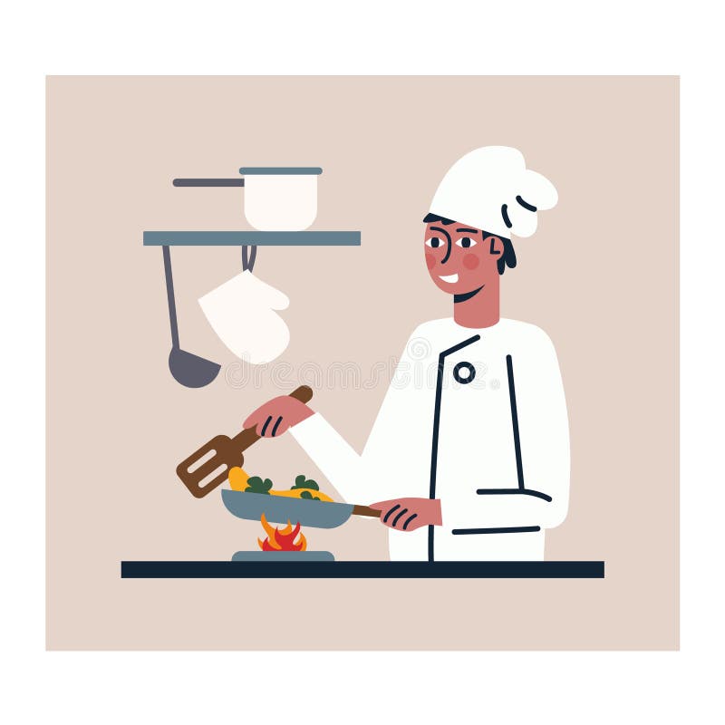 Cartoon Character of Man in Uniform Cooking in Restaurant Stock Vector ...
