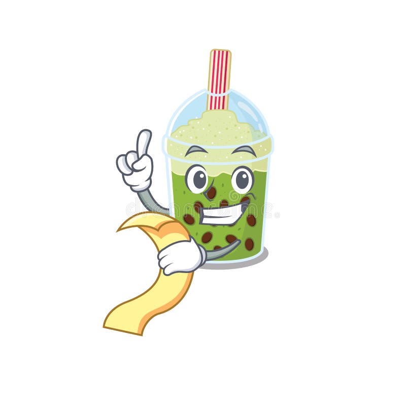 Cartoon Character of Matcha Bubble Tea Holding Menu Ready To Serve ...