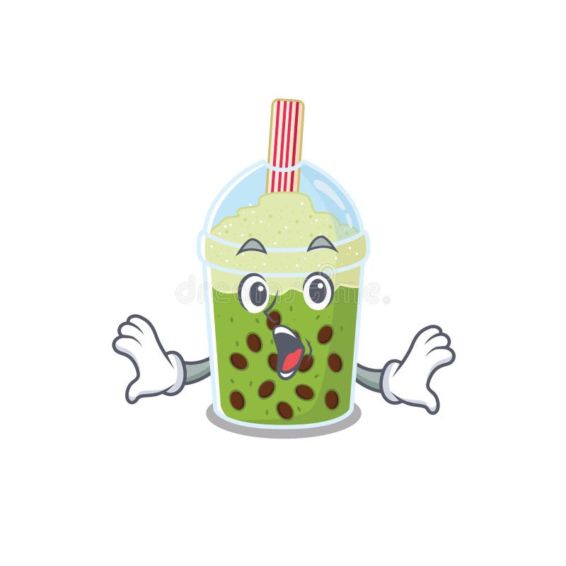 A Cartoon Character of Matcha Bubble Tea Making a Surprised Gesture ...