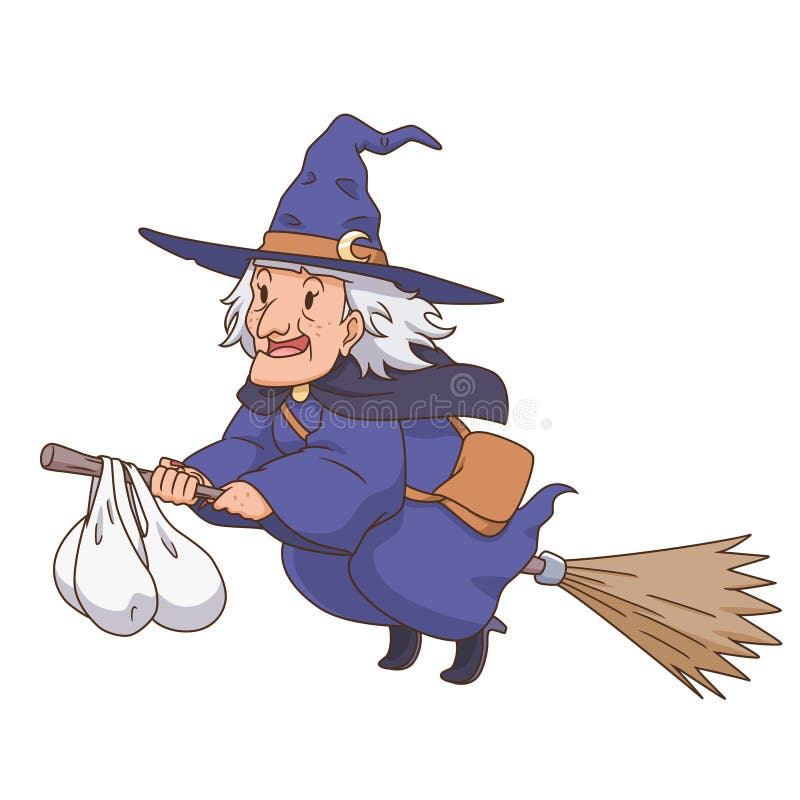 Cartoon Old Witch Flying on a Broom. Stock Vector - Illustration of ...