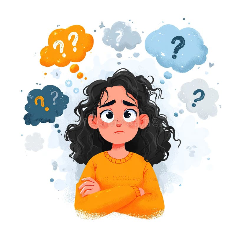 Cartoon Character Overwhelmed by Thought Bubbles Stock Illustration ...