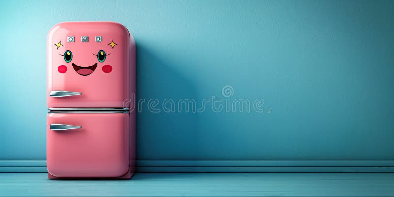 Cartoon Character Pink Refrigerator on an Isolated Blue Background ...