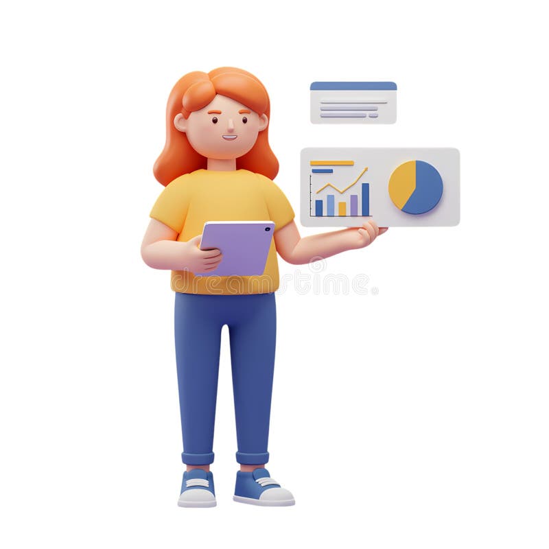 Cartoon Character Presenting Data Analysis on Tablet and Visualizations ...