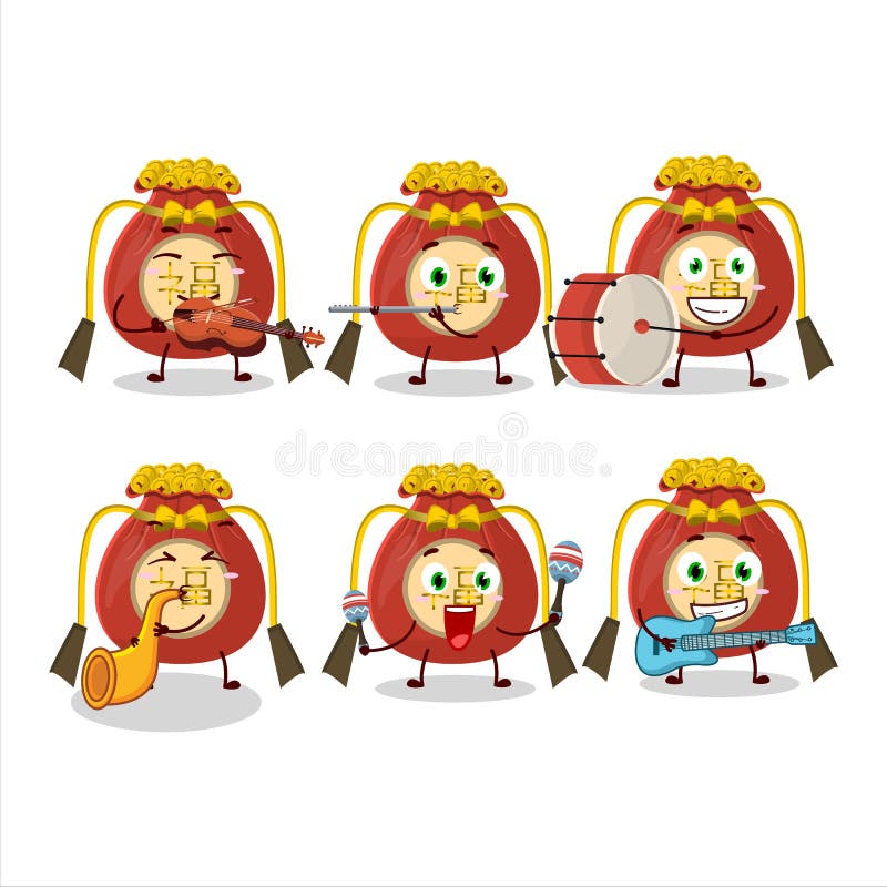 Cartoon Character of Red Bag Chinese Playing Some Musical Instruments ...