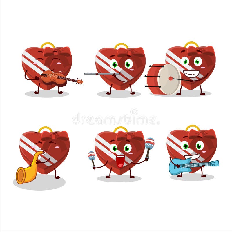 Cartoon Character of Red Love Gift Box Playing Some Musical Instruments ...