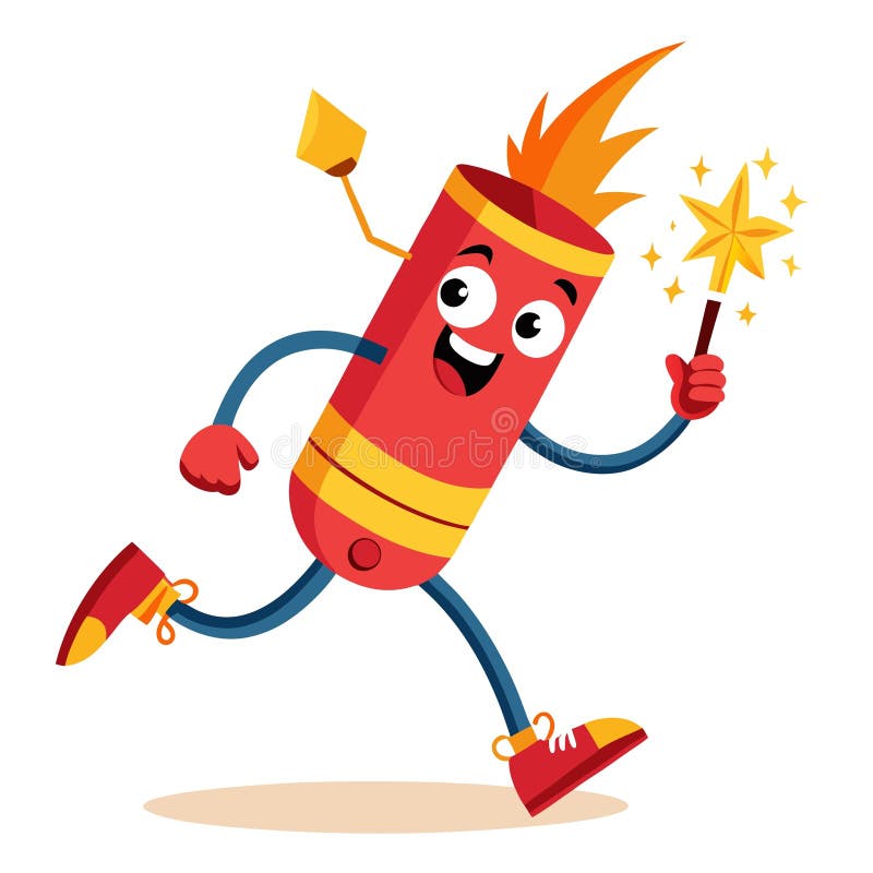 A Cartoon Character is Running with a Firework and a Wand Stock ...