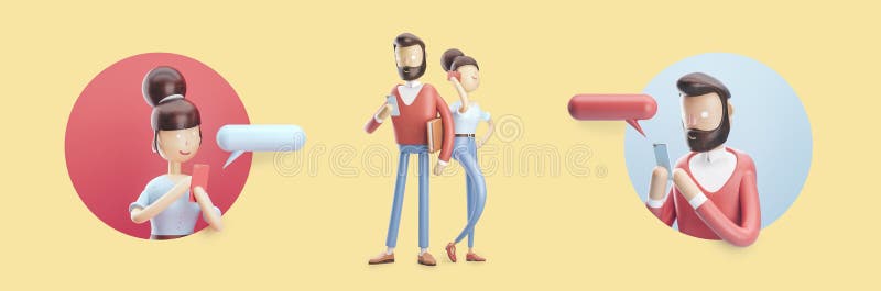 Cartoon Character is Sending a Message from His Phone. Set of 3d ...