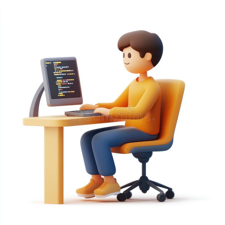 3D Render of Cartoon Programmer Coding on Computer Stock Illustration ...