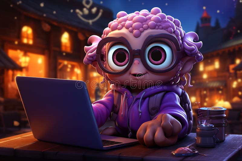 Cartoon Character Sitting at Table Using Laptop Computer. Generative AI ...