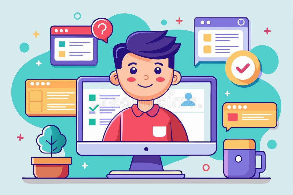 A Cartoon Character Smiles while Interacting with Various Digital ...