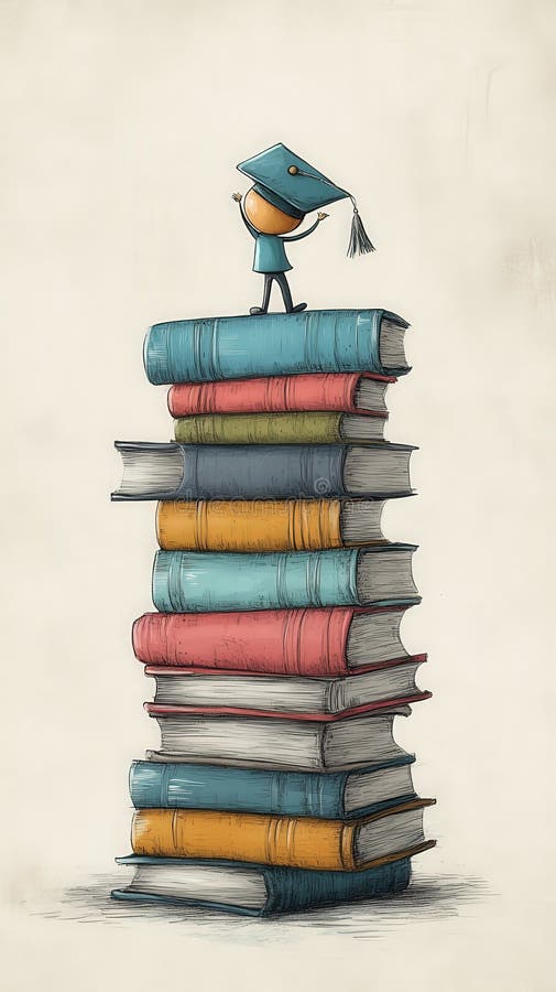 Cartoon Character Standing on a Colorful Stack of Books with a Cap ...