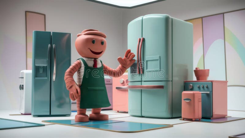 A Cartoon Character Standing in Front of a Refrigerator and Stove, AI ...